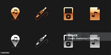 위치 음표 오디오 잭 음악 플레이어 및 Mp3 파일 문서 아이콘을 설정합니다 벡터 Mp3 플레이어에 대한 스톡 벡터 아트 및