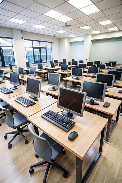 Empty Computer Classroom Interior With Classroom Elements Premium Ai Generated Image Empty Computer Classroom Interior With Classroom Elements Premium Ai Generated Image