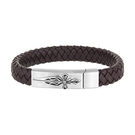 Mens Lynx Stainless Steel Sword Clasp Braided Brown Leather Bracelet