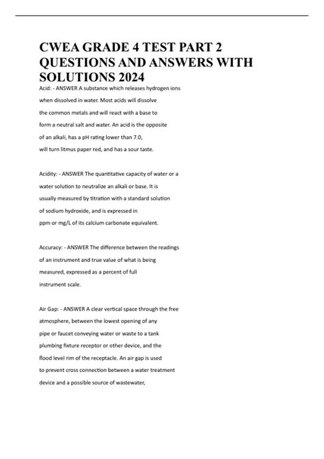 CWEA GRADE 4 TEST PART 2 QUESTIONS AND ANSWERS WITH SOLUTIONS 2024 CWEA Stuvia US