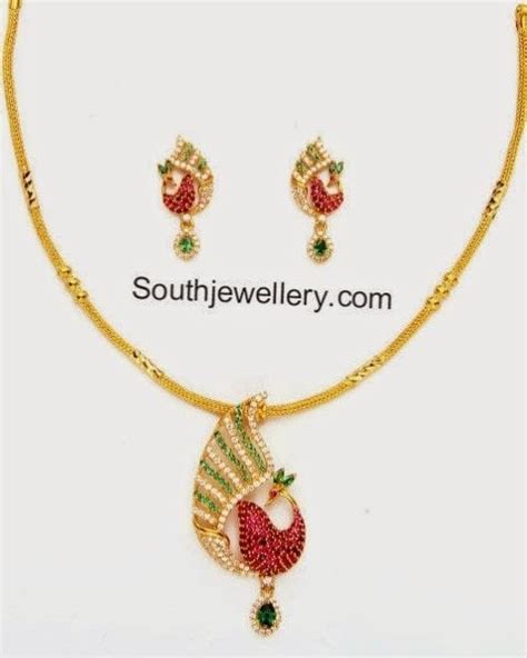 Simple Gold Chain With Cz Peacock Pendant Sets Indian Jewellery Designs