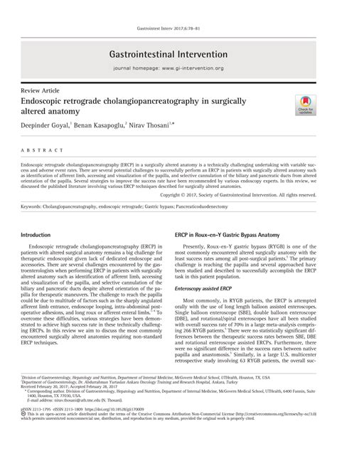 Pdf Endoscopic Retrograde Cholangiopancreatography In Surgically Altered Anatomy