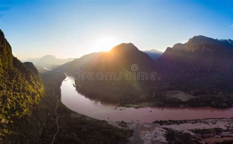 Aerial Panoramic Nam Ou River Nong Khiaw Muang Ngoi Laos Sunset