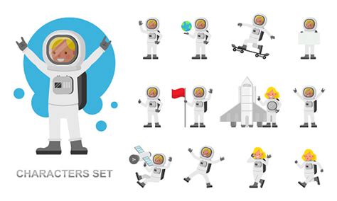 우주 비행사 아이 작업 캐릭터 벡터 디자인의 세트 감정 달리기 서서 걷기와 함께 다양한 액션으로 프리젠 테이션 우주 비행사에 대한 스톡 벡터 아트 및 기타 이미지 Istock