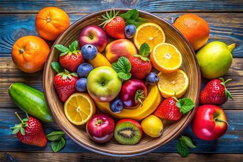 A Vibrant Fruit Bowl With Colorful Fruits Like Apples Oranges And Bananas Premium Ai Generated