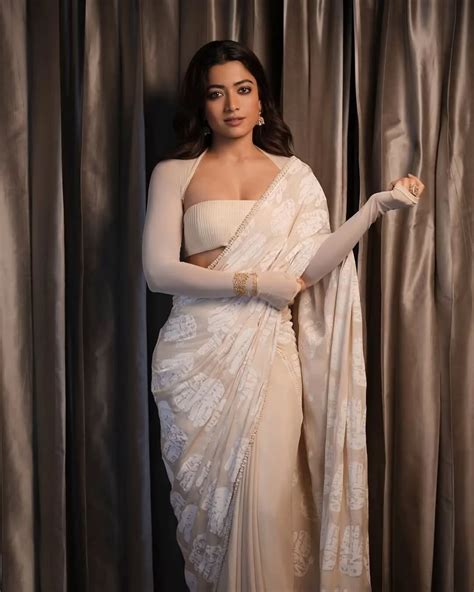 Rashmika Mandannas Stunning Glamour In A Cream Saree Exquisite