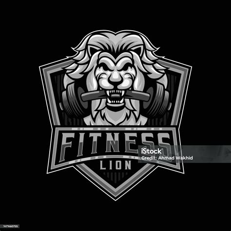 라이온 바벨 체육관 엠블럼 매우 무거운 바벨을 물고 있는 동안 사자 머리 벡터 마스코트 디자인 서식 파일 엠블럼 벡터 일러스트