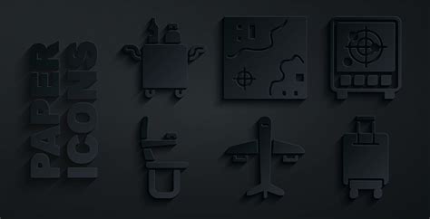 비행기 모니터에 표적이 있는 레이더 비행기 좌석 여행 가방 세계 여행 지도 및 음식 아이콘에 대한 트롤리를 설정합니다 벡터 3차원 형태에 대한 스톡 벡터 아트 및 기타