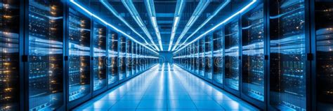 Visually Captivating Modern Data Center With Organized Server Racks Emitting Soft Blue Glow