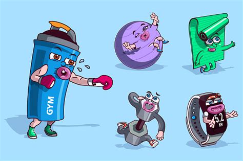 3d 귀여운 만화 캐릭터 세트가 있는 피트니스 개념 권투 운동 체육관 공 요가 매트 아령 및 스마트 시계 운동에서 셰이커의 재미있는 아바타 만화 마스코트 디자인이 있는 벡터