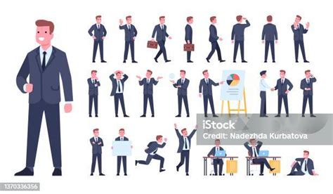 만화 사업가 캐릭터 포즈 정장 정장의 매니저 다른 제스처와 상황 직원 작업 프로세스 행동과 감정 표현 벡터 작업자 위치 설정 남자 사업가에 대한 스톡 벡터 아트 및 기타