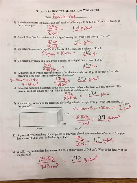 Science 8 Density Homework Answer Key