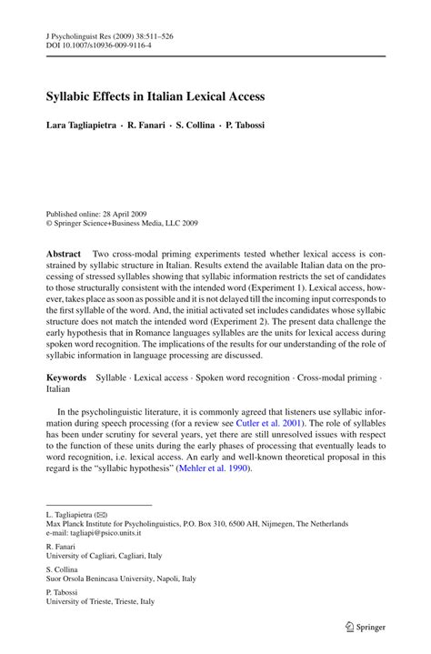 Pdf Syllabic Effects In Italian Lexical Access