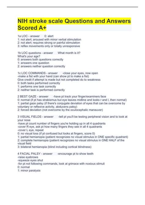 NIH Stroke Scale Questions And Answers Scored A NIH Stroke Scale Stuvia US