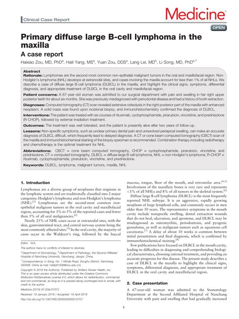 Pdf Primary Diffuse Large B Cell Lymphoma In The Maxilla A Case Report