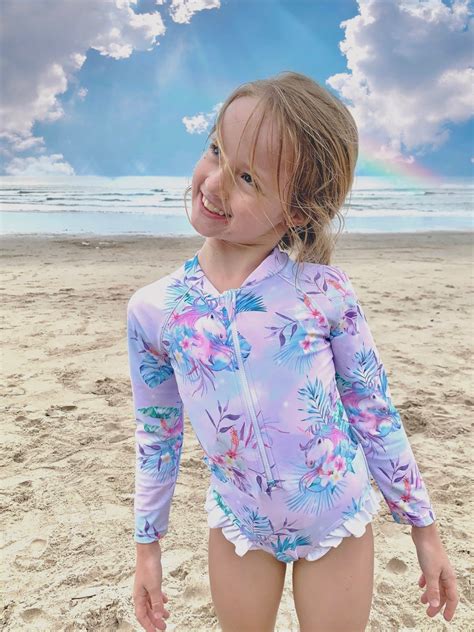 Girls Long Sleeve Swimsuit Unicorn Swimsuit Matching Hat Tribe Tropical