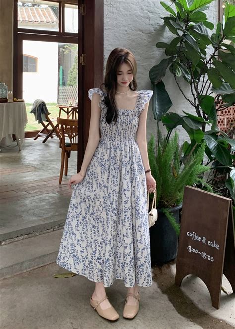 엘리제 플라워 꽃무늬 민소매 레이스 셔링 A라인 키작녀 여름 롱 원피스 여행룩 휴양지룩 드레스