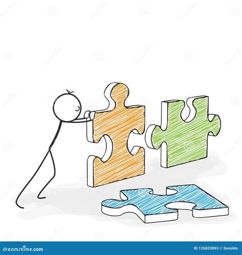 Stick Figure Cartoon Stickman Pushes Puzzle Icons Together Stock
