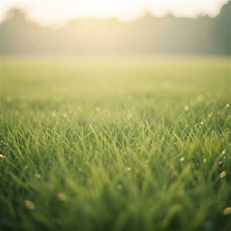 Lush Green Grass Fills The Foreground With Morning Dew Glistening On