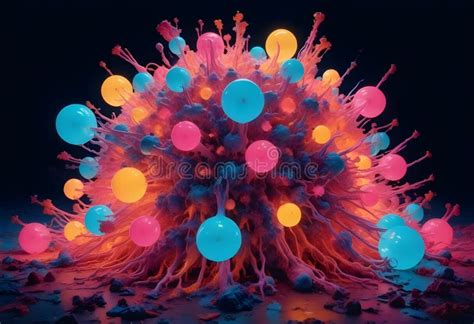 An Abstract Image Of A Glowing Colorful Blob With Spheres Protruding From It The Blob Is Pink