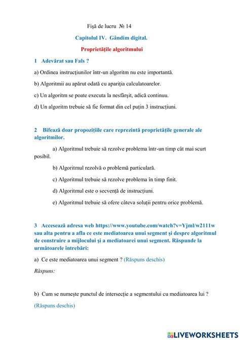 Capitolul Iv Gândim Digital 14proprietăţile Algoritmului Worksheet