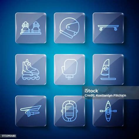 행글라이더 래프팅 보트 카약 또는 카누 롱보드 스케이트보드 권투 글러브 롤러 스노보드 윈드서핑 아이콘을 설정합니다 벡터 강에 대한 스톡 벡터 아트 및 기타 이미지 Istock