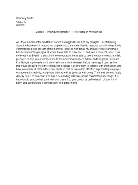 Module 1 Writing Assignment 1 Reflections On Mindfulness 1 Pdf