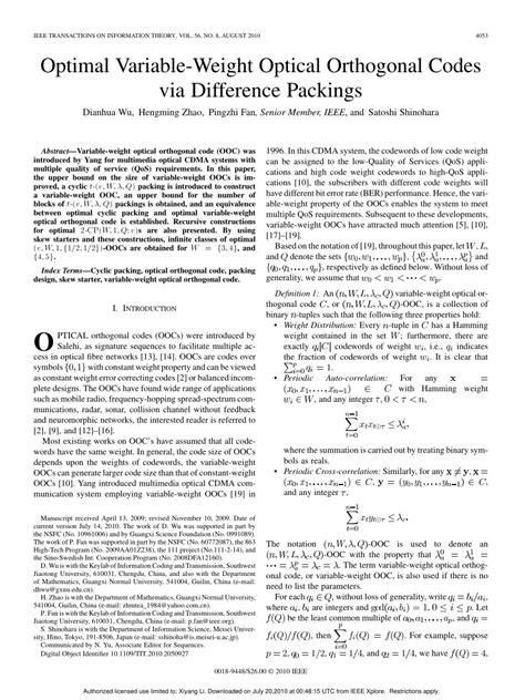 Pdf Optimal Variable Weight Optical Orthogonal Codes Via Difference Packings