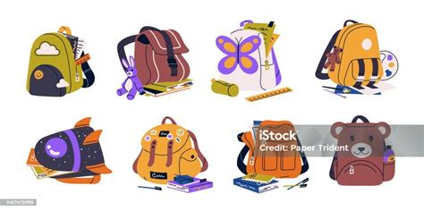 아이 배낭 학교 가방 세트 어린이 책가방 문구류가 든 가방 학습 용품 책 펜이 든 유치한 배낭 흰색 배경에 분리된 평면 벡터 삽화 열다에 대한 스톡 벡터 아트 및 기타