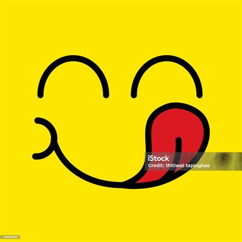 맛있는 미소 고립 아이콘 맛있는 재미 배고픈 맛있는 이모티콘 얼굴은 입과 혀로 먹는 즐길 수 있습니다 노란색 배경에 미소 로고 라인 만화에 대한 스톡 벡터 아트 및 기타