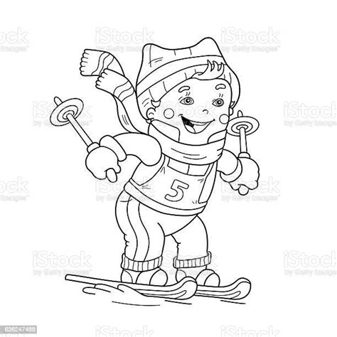 색칠놀이 페이지 외형선 의 말풍선이 있는 남자아이 탑승형 On 스키 겨울에 대한 스톡 벡터 아트 및 기타 이미지 겨울 레저 활동 모자 모자류 Istock