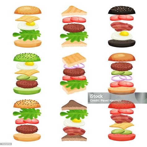햄버거와 샌드위치 재료를 비행의 집합입니다 맛 있는 패스트 음식 맛 있는 간식 모바일 애플 리 케이 션 또는 카페 메뉴에 대 한 평면 벡터 디자인 0명에 대한 스톡 벡터