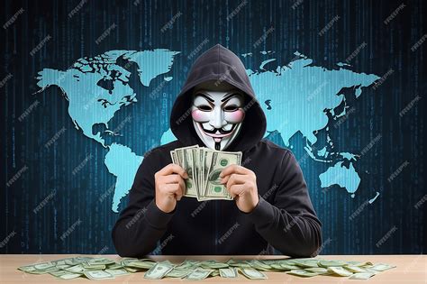 Premium Photo Hacker Man Wearing Anonymous Mask Stealing Money With Binary Code In Background