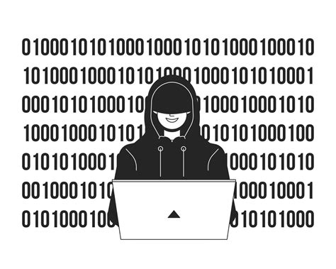 Hacker In Hood Coding Bw Concept Vector Spot Illustration Man With Laptop 2D Cartoon Flat Line