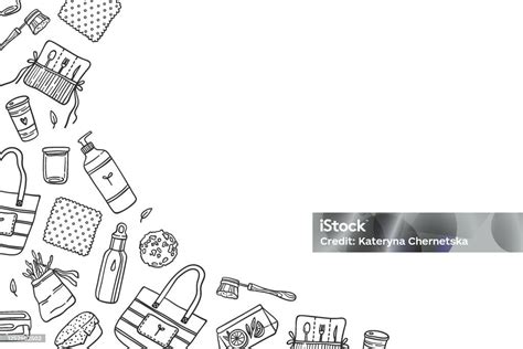 화이트 카피 공간 배경에 재사용 가능한 주방 항목 세제 병 밀랍 랩 쇼핑백 브러쉬 스폰지 스낵 백 스테인리스 물병 대나무 칼 세트 0에 대한 스톡 벡터 아트 및 기타 이미지