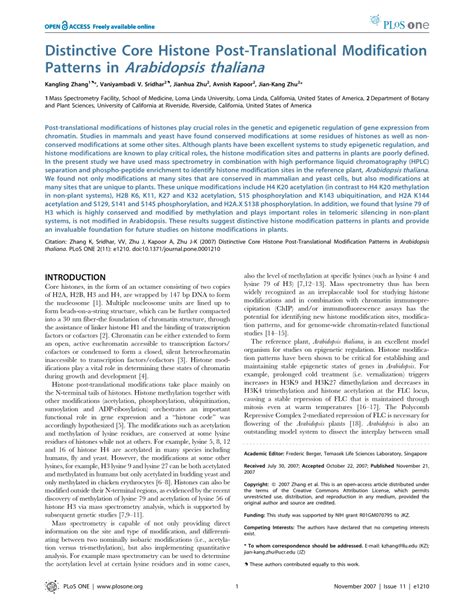 Pdf Distinctive Core Histone Post Translational Modification Patterns In Arabidopsis Thaliana
