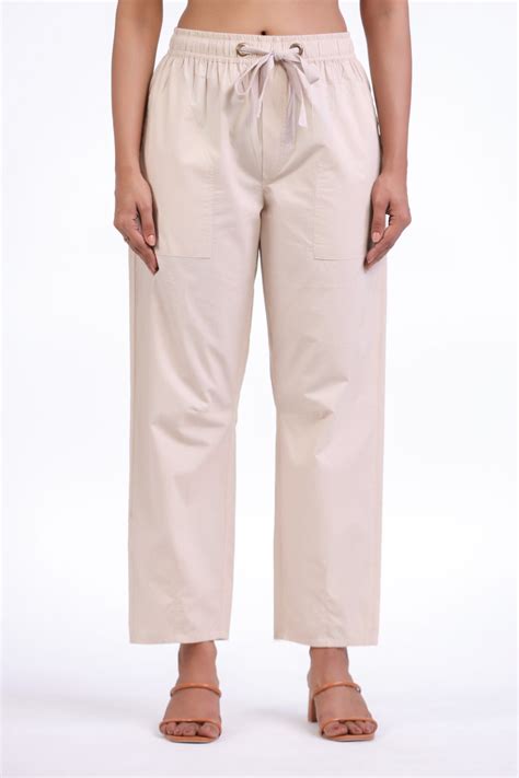 Muun Womens Off White Solid Cotton Pant