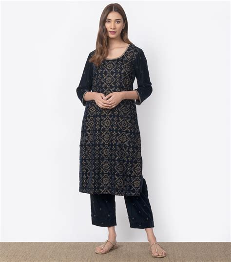 Navy Blue Velvet Embroidered Suit Set Tulsi Online