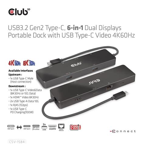 Club 3D dokovací stanice USB C 3 2 Gen1 6in1 Hub 1x USB C Video 4K60Hz 1x HDMI 4K60Hz 2x USB A