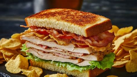 Turkey Club Sandwich With Bacon Lettuce And Tomato Served With Chips