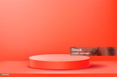 원 플랫폼이 있는 빨간색 빈 조명방 사실적인 3d Immitation 벡터 일러스트레이션 0명에 대한 스톡 벡터 아트 및 기타 이미지 0명 3차원 형태 강단 Istock