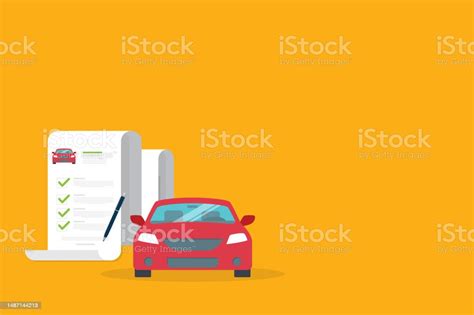 자동차 보험 문서 보고서 자동차 아이콘 차량 금융 자동차 대리점 법률 거래로 승인 된 종이 계약 체크리스트 또는 대출 체크 마크 양식 목록 가입서에 대한 스톡 벡터 아트 및