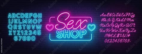 Sex Shop Neon Sign On Brick Wall Background Pink And Blue Neon Alphabets Stock Vector Adobe