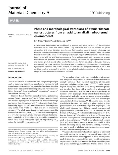 Pdf Phase And Morphological Transitions Of Titaniatitanate Nanostructures From An Acid To An