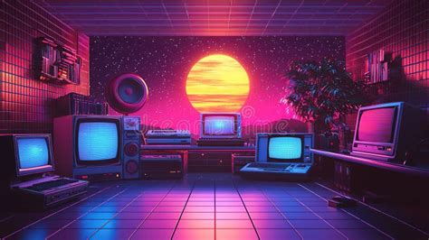 A Retro 80s Themed Room Featuring Vintage Computers Synthesizer And A