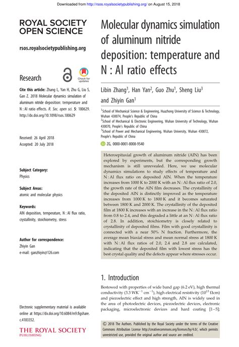 Pdf Molecular Dynamics Simulation Of Aluminum Nitride Deposition Temperature And N Al Ratio