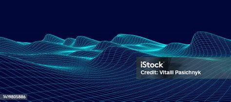 디지털 와이어프레임 풍경 와이어프레임 지형 다각형 조경 디자인 계곡이있는 산의 디지털 사이버 공간 벡터 일러스트레이션 3차원