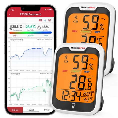 Thermopro Tp358 Bluetooth Hygrometer Room Thermometer With Built In Clock Swiss Made Sensor