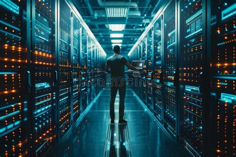 computer engineer in server room with laptop digital technology and it