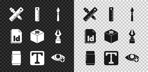 교차 눈금자와 연필 눈금자 페인트 브러시 지우개 또는 고무 텍스트 적목 현상 효과 Id 파일 문서 및 아이소 메트릭 큐브